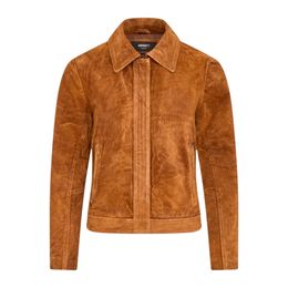 Damenjacke aus beige Wildleder-Bomber-Blouson-Jacke &ndash; Varsity