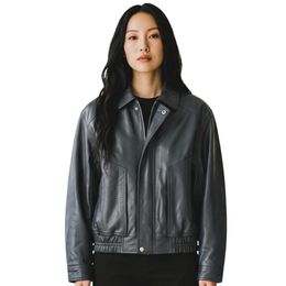 Damenblaue Leder-Biker Blouson Bomber Oversized Jacke &ndash; Sibiu