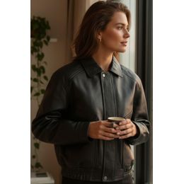 Damen Schwarze Leder-Biker Blouson Bomber Oversized Jacke &ndash; Moon