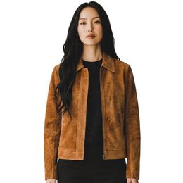Damen beige Wildleder-Bomber Blouson Varsity-Jacke &ndash; Austurland