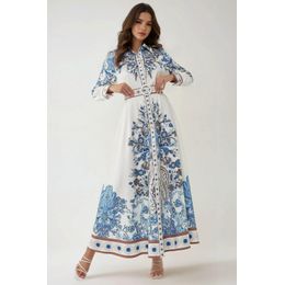 Bedrucktes Maxikleid mit langen &Auml;rmeln und G&uuml;rtel