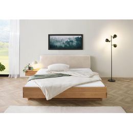 Bett mit Nachttisch links Eiche 140x200x85 natur ge&ouml;lt, Kopfteil beige FICHTELBERG #149
