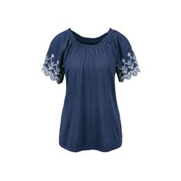 Tchibo - Shirt im Materialmix mit Lochstickerei - Damen - Gr. S - blau