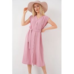 Strukturiertes V-Ausschnitt-Midikleid mit Knopfverschluss