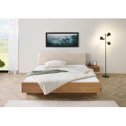 Bett mit Nachttisch rechts Eiche 180x200x85 natur ge&ouml;lt, Kopfteil beige FICHTELBERG #131