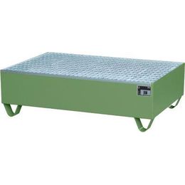 Bauer Auffangwanne, f&uuml;r 2 F&auml;sser &agrave; 200 l, mit verzinktem Gitterrost, L 1200 x B 800 x H 360 mm, unterfahrbar, Stahl, resed.gr&uuml;n RAL 6011