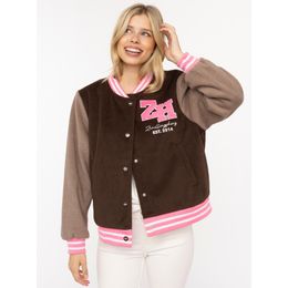 Zwillingsherz Damen Bomberjacke "&bdquo;College Uni&ldquo;", braun, Gr. S, Obermaterial: 100% Polyester, Jacken, abgesetzte &Auml;rmel, gestreifte B&uuml;ndchen,