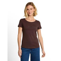 Tom Tailor Damen Kurzarmshirt, braun, Gr. XXXL, unifarben, Single Jersey, Obermaterial: 100% Baumwolle, Shirts, Sommershirt mit Glitzer-Wording