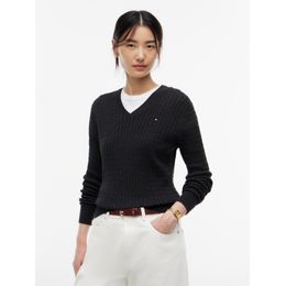 Tommy Hilfiger Damen Strickpullover "CO CABLE FINE GG V-NK LS SWT", schwarz, Gr. XS, meliert, Strick, Obermaterial: 100% Baumwolle, Pullover,