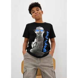bonprix Jungen T-Shirtschwarz bedruckt, Gr. 140, Jersey, Obermaterial: 100% Baumwolle, Shirts, normale Passform, Kurzarm, mit Rundhalsausschnitt