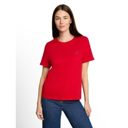 Tom Tailor Damen Kurzarmshirt, rot, Gr. L, bedruckt, Single Jersey, Obermaterial: 100% Baumwolle, Shirts, Sommershirt mit kleinem Statement-Print