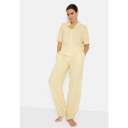 LSCN BY LASCANA Damen Pyjama, Gr. 42gelb, Web, Obermaterial: 100% Viskose, gestreift, unifarben, Homewear-Sets, mit weiter Ballon-Hose