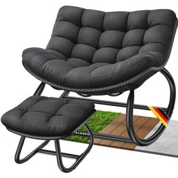 ELONEO Schaukelstuhl Outdoor XXL, ergonomischer Schaukelsessel mit Premium Sitzpolster f&uuml;r drinnen & drau&szlig;en, Balkonsessel, wetterfester Loungesessel Outdoor, rutschfest, bis 120kg, Schwarz, mit Hocker