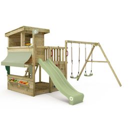 Stelzenhaus Smart Patio mit Wellenrutsche, Kletterwand und Sandkasten - Massivholz Spielhaus f&uuml;r den Garten zum Toben und Klettern - Wickey