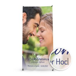 X-Banner Willkommensschild zur Hochzeit personalisierbar | Foto mit Schriftzug | 2 Gr&ouml;&szlig;en | inkl. X-Gestell | Hochzeitsbanner online selbst gestalten