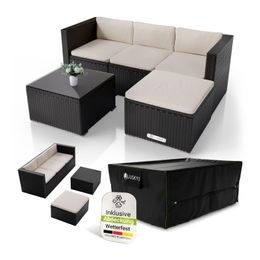 Juskys Polyrattan Lounge Punta Cana M schwarz inkl. Abdeckung f&uuml;r 3-4 Personen &ndash; Sofa, Tisch & Hocker