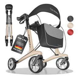 ELONEO Carbon Rollator faltbar und leicht mit Sitz, Leichtgewicht-Reiserollator ultraleicht 5,1 kg, Gehhilfe f&uuml;r Senioren 9-fach h&ouml;henverstellbar, mit Tasche, Creme - Gr&ouml;&szlig;e M