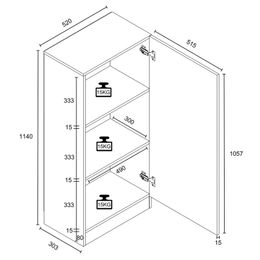 Vcm Mehrzweckschrank mit 1 Dreht&uuml;r, H. 114 x B. 52 x T. 32 cm, Wohnzimmerschrank, B&uuml;roschrank und Aufbewahrungsschrank mit 3 F&auml;cher - Dilos