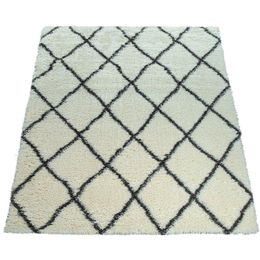 Paco Home Hochflor-Teppich &raquo;Maghreb 075&laquo; rechteckig 54 mm H&ouml;he Rauten Muster, Scandi Design, weich und flauschig beige Polyester B : 80cm 1 Stk., 54mm, L: 150cm