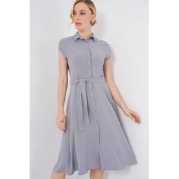 Knopfleisten-Hemdkragen A-Linien Midi-Kleid mit Bindungsdetails