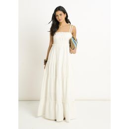 Wei&szlig;es Maxikleid aus Baumwolle mit gerafften Tr&auml;gern und Schlagseite