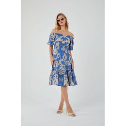 Floral R&uuml;schendes Off-Shoulder Midi-Kleid mit Bindeband