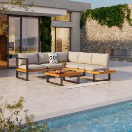 Ambia Garden Loungegarnitur, Grau, Teak, Holz, Metall, Textil, Akazie, massiv, 234x216 cm, Bsci, FSC 100%, Loungem&ouml;bel, Gartenlounge-Sets
