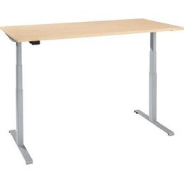 Schreibtisch, elektrisch h&ouml;henverstellbar, T-Fu&szlig;, B 1600 x T 800 x H 620-1270 mm, Ahorn/wei&szlig;aluminium + Memoryschalter