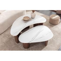 Riess Ambiente 2er Set Couchtische OSAKA 120cm wei&szlig; Marmor Keramik Walnuss Riess-Ambiente Satztisch Sofatisch Wohnzimmertisch organisch Modern Retro