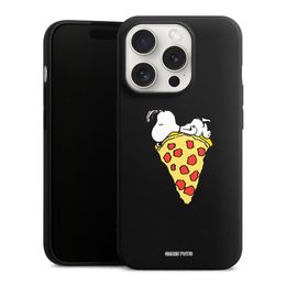 DeinDesign iPhone 15 Pro Handy Premium Silikon H&uuml;lle Handyh&uuml;lle schwarz Case Peanuts Pizza Snoopy Silikon Premium Case