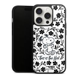 DeinDesign iPhone 15 Pro Handy Premium Silikon H&uuml;lle Handyh&uuml;lle schwarz Case Peanuts Flowers Snoopy Silikon Premium Case
