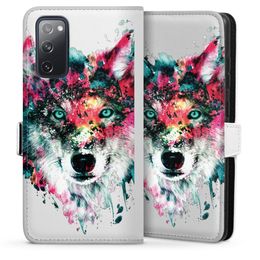 DeinDesign Galaxy S20 FE 5G Handy Klapph&uuml;lle Handyh&uuml;lle aus Kunst Leder wei&szlig; Flip Case Colourful Wolf Riza Peker Sideflip mit Lasche
