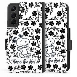 DeinDesign Galaxy S22 Handy Klapph&uuml;lle Handyh&uuml;lle aus Kunst Leder schwarz Flip Case Peanuts Flowers Snoopy Sideflip mit langer Lasche