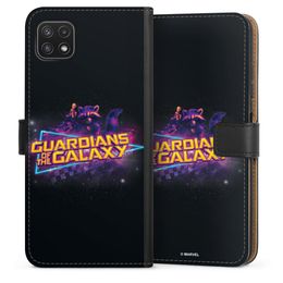 DeinDesign Galaxy A22 5G Handy Klapph&uuml;lle Handyh&uuml;lle aus Kunst Leder schwarz Flip Case Guardians Of The Galaxy Marvel Logo Sideflip mit langer Lasche