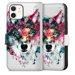 DeinDesign iPhone 12 Handy Klapph&uuml;lle Handyh&uuml;lle aus Kunst Leder wei&szlig; Flip Case Colourful Wolf Riza Peker Sideflip mit Lasche