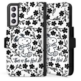 DeinDesign Galaxy S21 FE 5G Handy Klapph&uuml;lle Handyh&uuml;lle aus Kunst Leder schwarz Flip Case Peanuts Flowers Snoopy Sideflip mit Lasche
