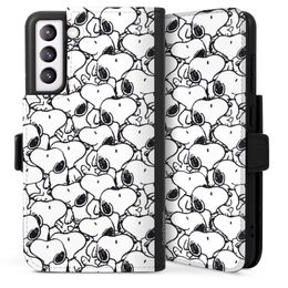 DeinDesign Galaxy S21 FE 5G Handy Klapph&uuml;lle Handyh&uuml;lle aus Kunst Leder schwarz Flip Case Peanuts Snoopy Muster Sideflip mit Lasche