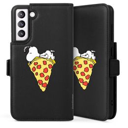 DeinDesign Galaxy S21 FE 5G Handy Klapph&uuml;lle Handyh&uuml;lle aus Kunst Leder schwarz Flip Case Peanuts Pizza Snoopy Sideflip mit Lasche