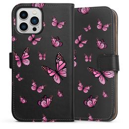 DeinDesign iPhone 13 Pro Max Handy Klapph&uuml;lle Handyh&uuml;lle aus Kunst Leder schwarz Flip Case Butterfly Motiv Ohne Hintergrund Muster Sideflip mit langer Lasche