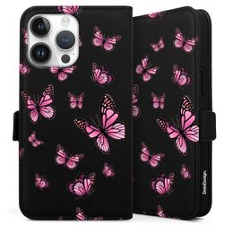 DeinDesign iPhone 14 Pro Max Handy Klapph&uuml;lle Handyh&uuml;lle aus Kunst Leder schwarz Flip Case Butterfly Motiv Ohne Hintergrund Muster Sideflip mit Lasche