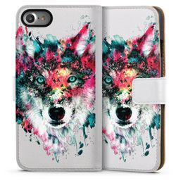 DeinDesign iPhone SE (2020) Handy Klapph&uuml;lle Handyh&uuml;lle aus Kunst Leder wei&szlig; Flip Case Riza Peker Colourful Wolf Sideflip mit Lasche