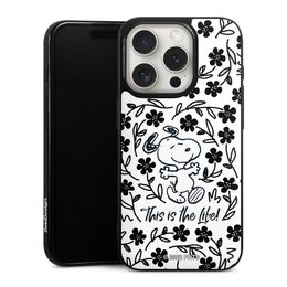 DeinDesign iPhone 15 Pro Handy Silikon H&uuml;lle Case schwarz Handyh&uuml;lle Peanuts Flowers Snoopy