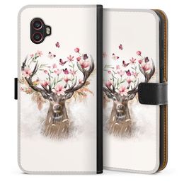 DeinDesign Galaxy XCover 6 Pro Handy Klapph&uuml;lle Handyh&uuml;lle aus Kunst Leder schwarz Flip Case Animals Deer Flowers Sideflip mit langer Lasche