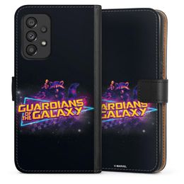 DeinDesign Galaxy A53 5G Handy Klapph&uuml;lle Handyh&uuml;lle aus Kunst Leder schwarz Flip Case Marvel Logo Guardians Of The Galaxy Sideflip mit langer Lasche