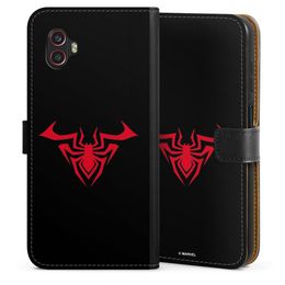 DeinDesign Galaxy XCover 6 Pro Handy Klapph&uuml;lle Handyh&uuml;lle aus Kunst Leder schwarz Flip Case Marvel Logo Spiderman Sideflip mit langer Lasche