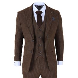 Brauner 3-teiliger Slim Fit-Anzug f&uuml;r Herren mit Nadelstreifen