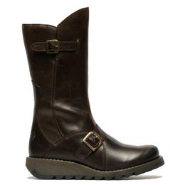 Fly London Damen MES 2 Plateaustiefel mit Keilabsatz, Schnalle, halbhohem Schaft, Rei&szlig;verschluss, Braun