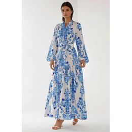 Bedrucktes Maxikleid mit langen &Auml;rmeln und G&uuml;rtel