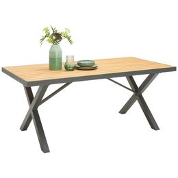 Ambia Garden Gartentisch, Anthrazit, Natur, Holz, Metall, Eukalyptusholz, massiv, rechteckig, X-Form, 180x91 cm, Gartenm&ouml;bel, Gartentische, Gartentische
