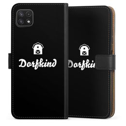 DeinDesign Galaxy A22 5G Handy Klapph&uuml;lle Handyh&uuml;lle aus Kunst Leder schwarz Flip Case Dorfkind Life Statement Sideflip mit langer Lasche